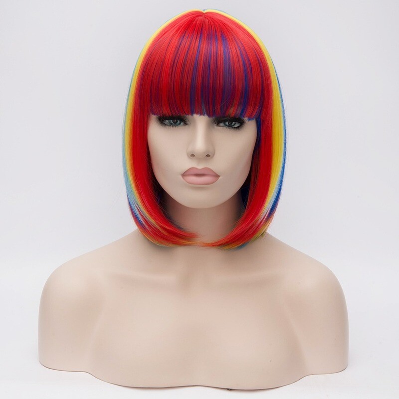 Women Wig Short Multicolor Rainbow Straight Party Wig Ladies Hair Full ...