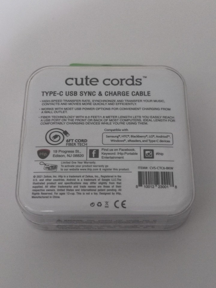 IHip Cute Cords Braided Cable Type - C Android BLACK AND WHITE 6 ft NEW ...