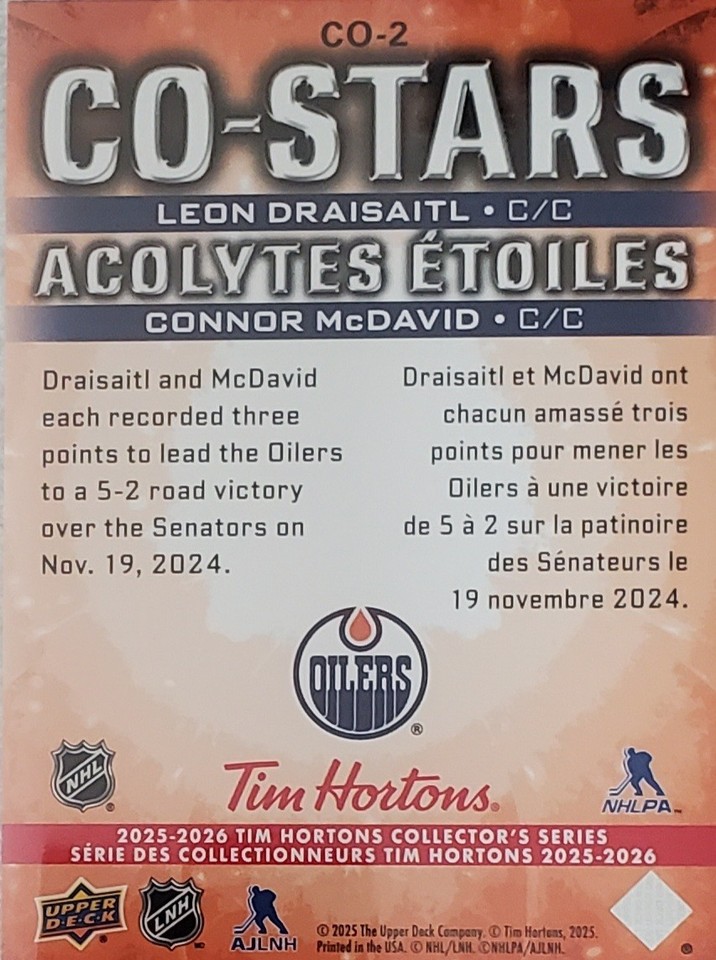 2025/2026 Tim Hortons CO-STARS "McDAVID/DRAISAITL" card CO-2 | eBay UK