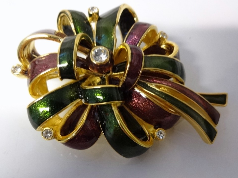 Vintage Retired Joan Rivers Signed Enamel Rhinestone Christmas Bow Pin ...