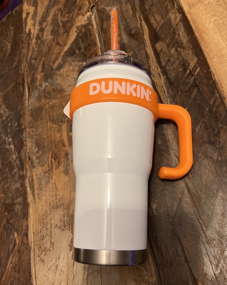 DUNKIN DONUTS 24 Oz Stainless Steel Travel Tumbler Mug HANDLE WHITE ...