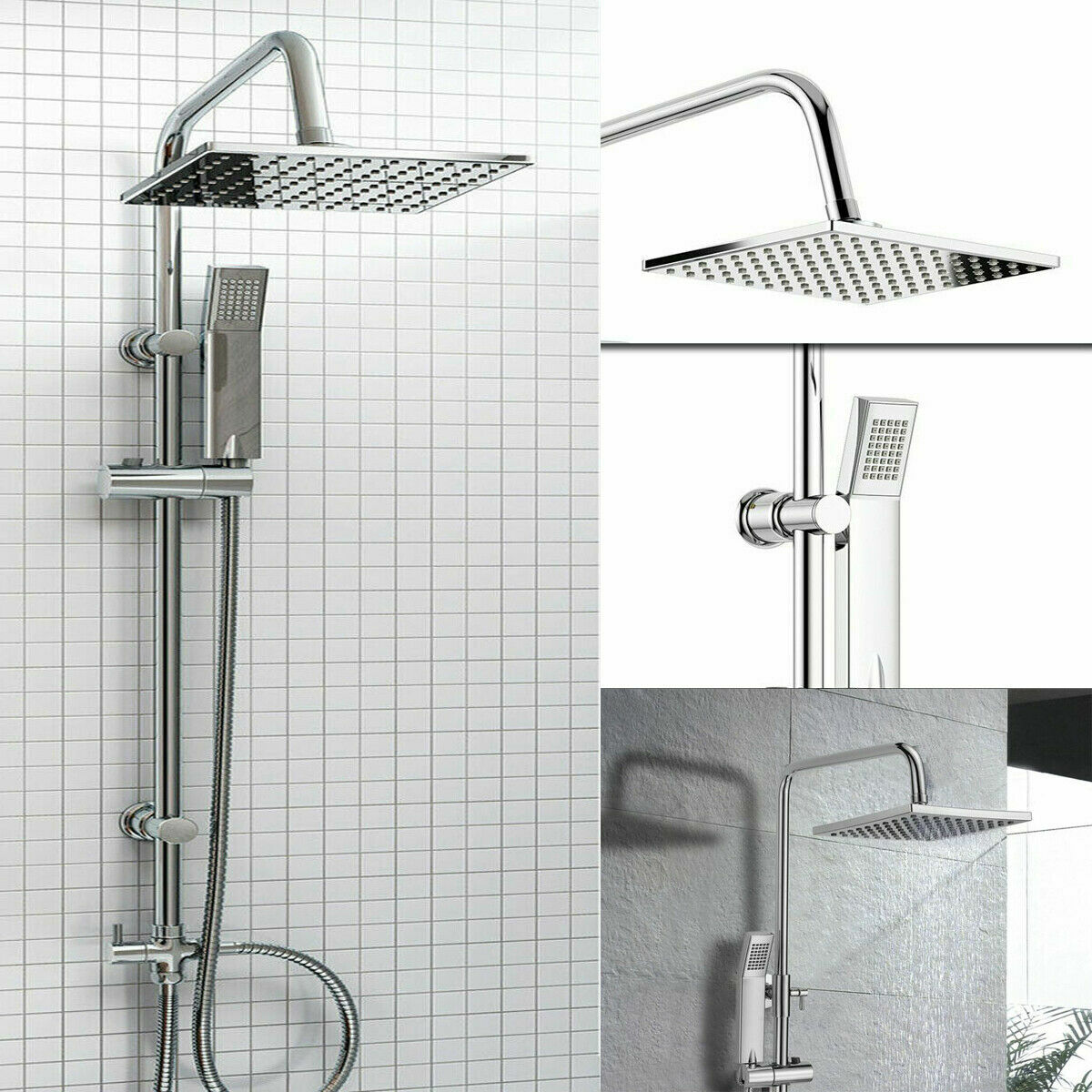 Large Waterfall Chrome Square 2 Mixed Shower Head Riser Rail Luxury ...