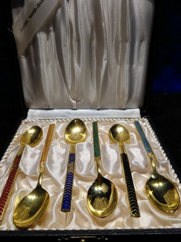 Meka Danish Goldwash Silver DEMITASSE SET 6 SPOON IN SILK LINED case | eBay