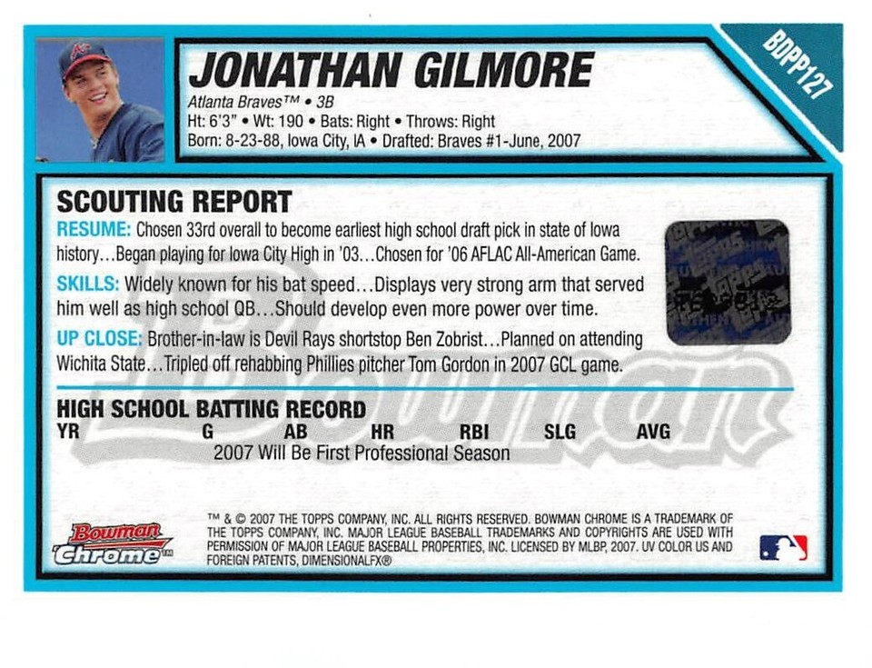 2007 Bowman Chrome Draft Draft Picks #BDPP127 Jonathan Gilmore AU p2s-6572 | eBay