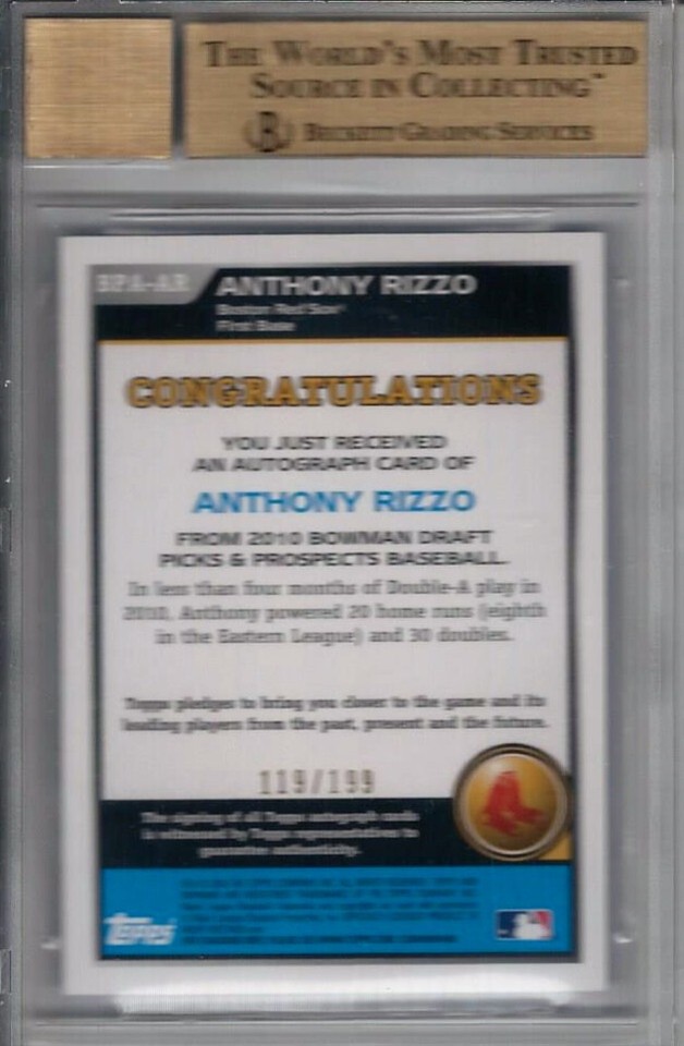 2010 Bowman Draft Prospect AUTOGRAPHS Blue Anthony Rizzo RC BGS 9.5 POP ...