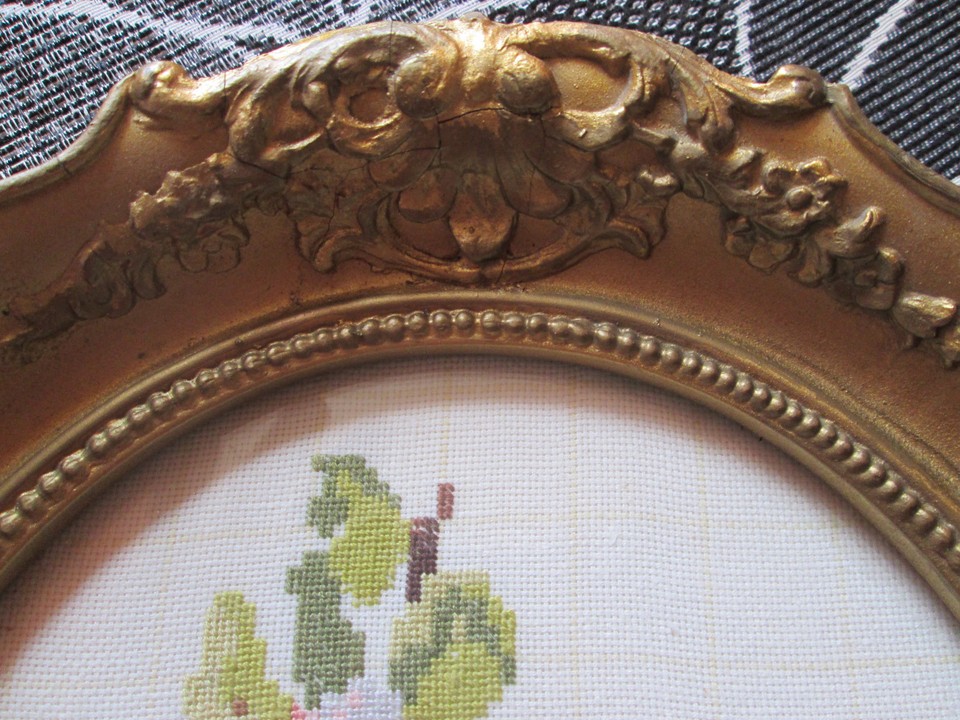 Handmade Needlepoint Frame Two Birds-Titmouses Vintage Antique Gobelin ...