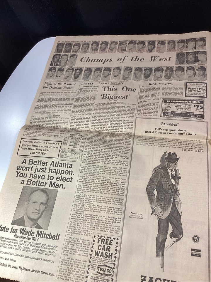 Atlanta Braves GA Newspaper 1969 Oct 1 Champs! Original Rare VHTF ...