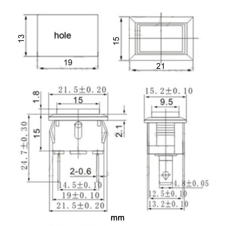 5 x Push Button Switch Black Rectangle Momentary OFF-ON 2 Pins 10A 125V ...