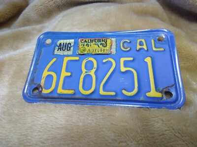 Vintage 1970's California Motorcycle License Plate Blue And Yellow Nice ...