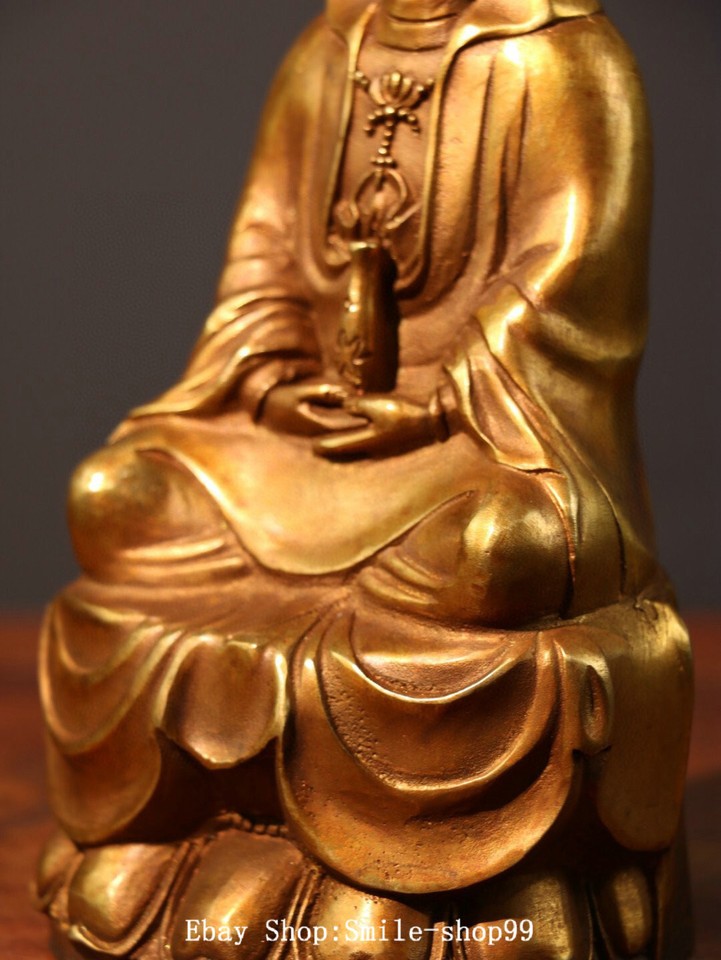 8.6" Qianlong Pure Bronze Gilt Kwan-yin Guan Yin Boddhisattva Goddess ...