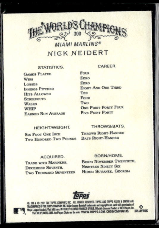 Nick Neidert 2021 Topps Allen & Ginter #300 Miami Marlins | eBay