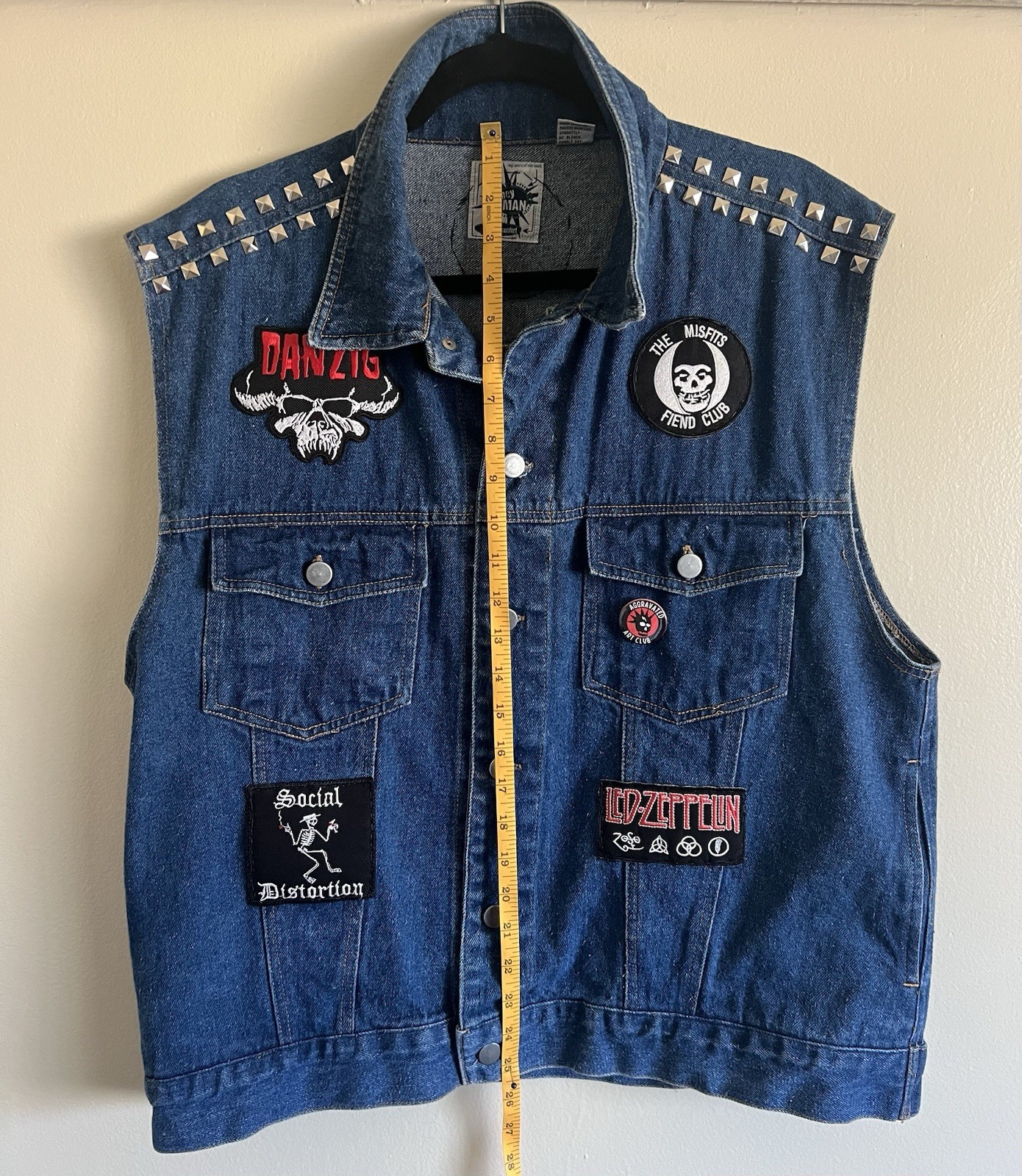Handmade Denim Battle Vest With Pyramid Studs - Gem