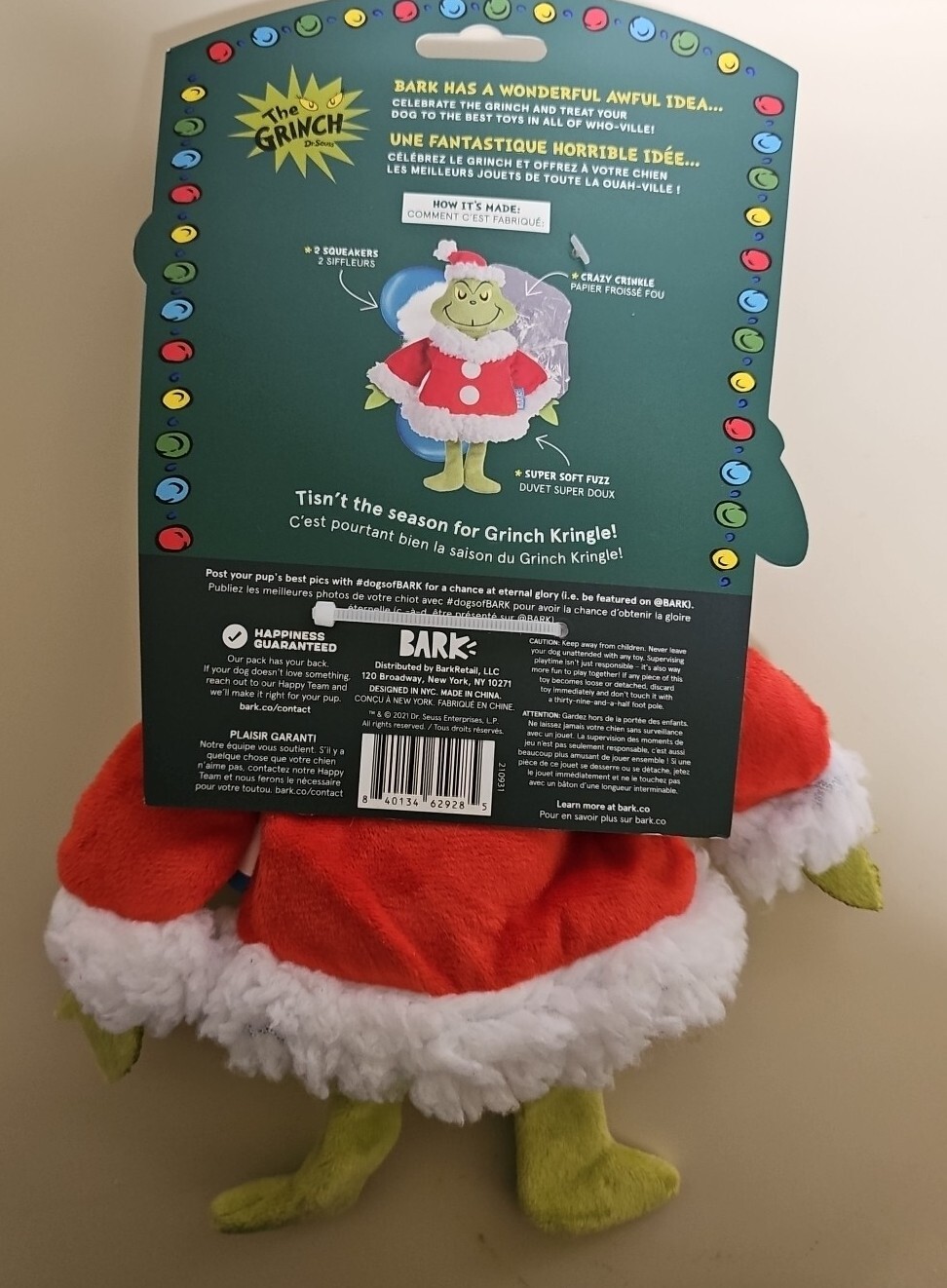 Bark Box Grinch Kringle XS-M Dog Toy Thrasers Crinkle Squeaks Christmas ...