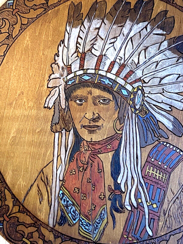 Massive Antique Pyrography Flemish Art 18" Plaque Native American Date ...