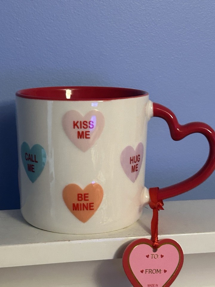 Valentine Ceramic Mug conversation hearts with red heart handle | eBay