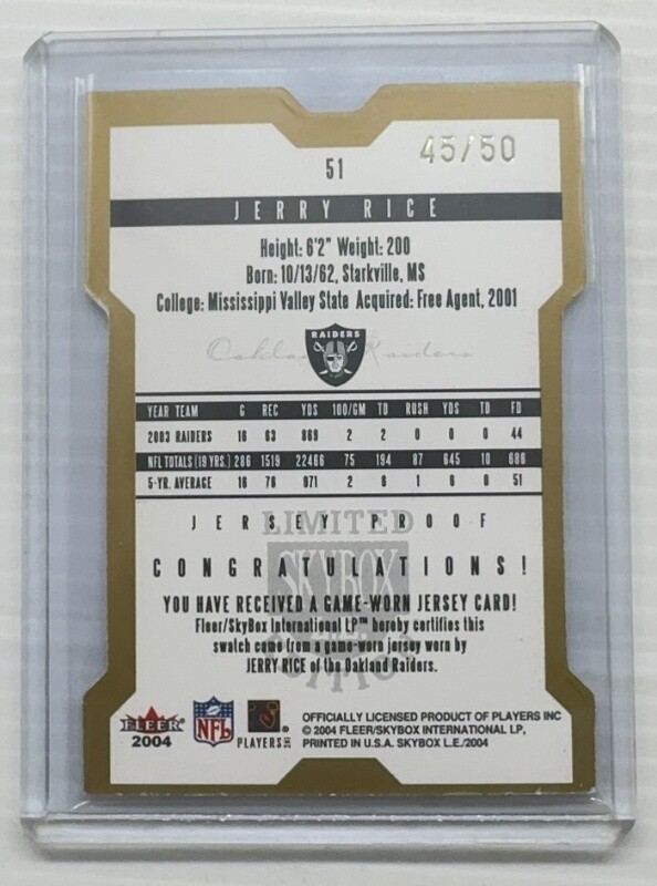 2004 Skybox L.E. Jerry Rice Gold Patches Die-Cut Game Used Jersey Relic ...