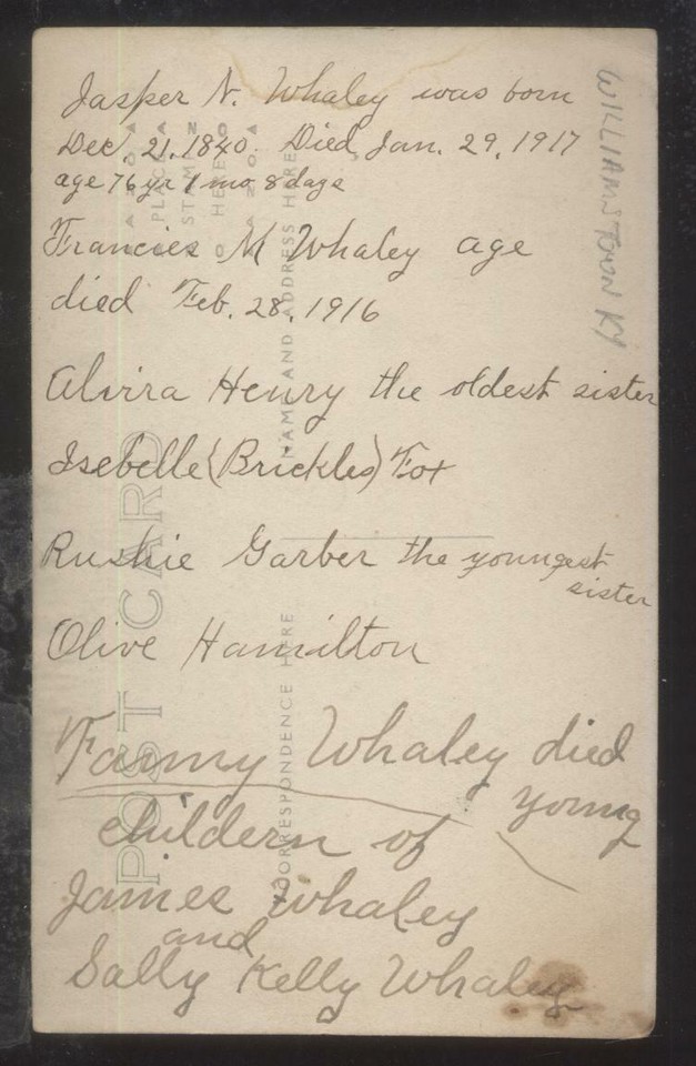 RP Postcard WILLIAMSTOWN Kentucky/KY Jasper N. Whaley Family Genealogy ...
