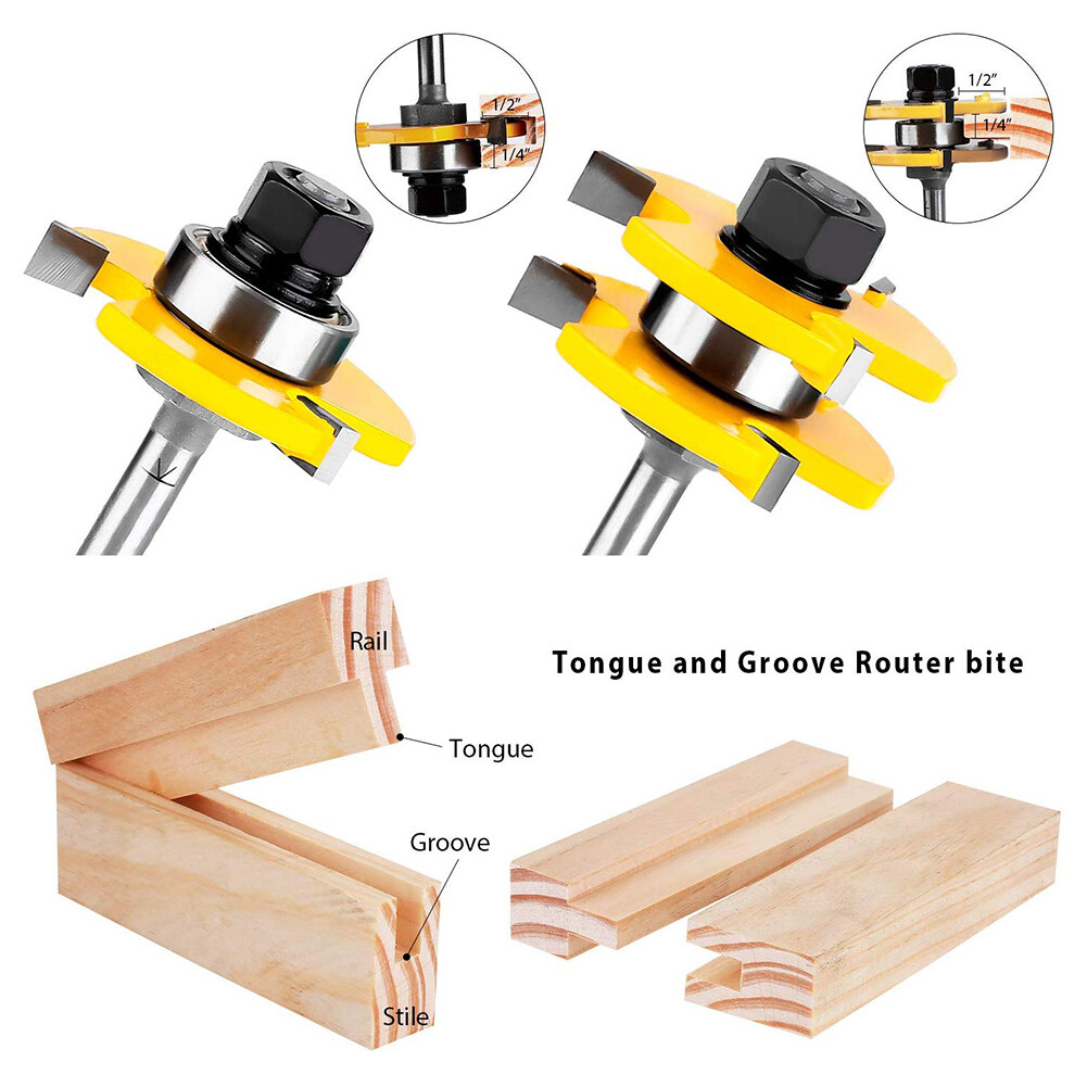 2x Tongue Groove Set Router Bits Adjustable 1/4" Wood Door Flooring ...