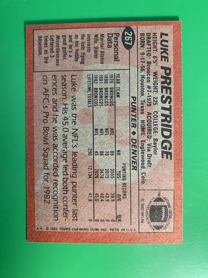 1983 Topps Luke Prestridge PB #267 Denver Broncos | eBay