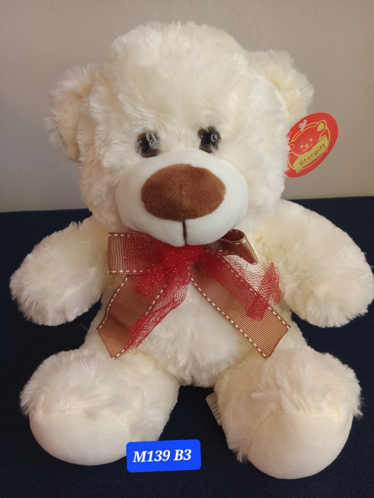 SGG TEDDY BEAR PLUSH STUFFED ANIMAL TOY WHITE ,WITH BOW BROWN AND RED 9 ...