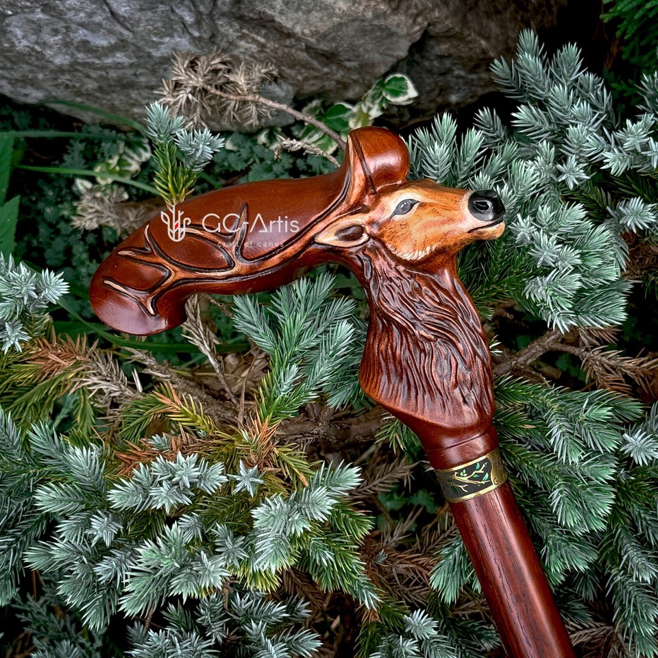 Classic Walking Cane Deer Wood carved Handpainted walking stick for men ...