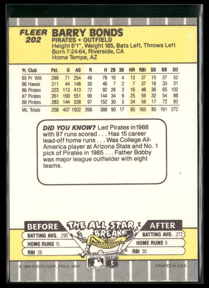 1989 Fleer #202 Barry Bonds | eBay