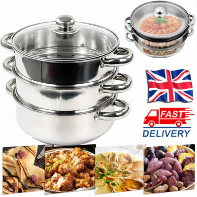 3TIER 28CM STEEL INDUCTION HOB STEAMER MULTI VEG COOKER POT PAN WITH ...