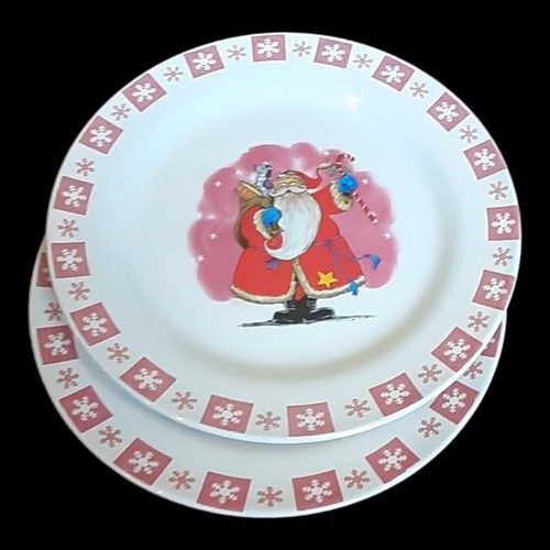 2 Holiday Stoneware Christmas Dinner Plate Santa Pink Snowflake Candy ...