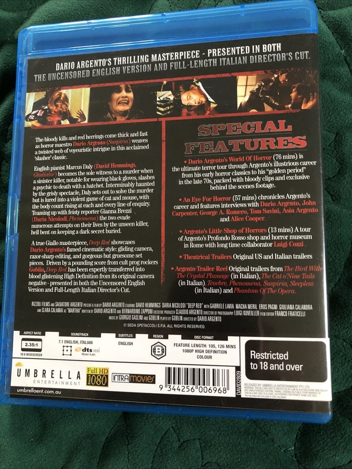 DEEP RED ‘ BLU RAY REGION B IMPORT - DARIO ARGENTO - EXCELLENT ...