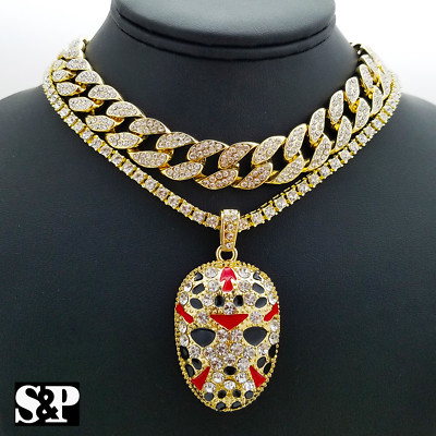 Hip Hop Jason Mask 20" Iced Cuban & 1 Row Cubic Zirconia Choker Chain ...