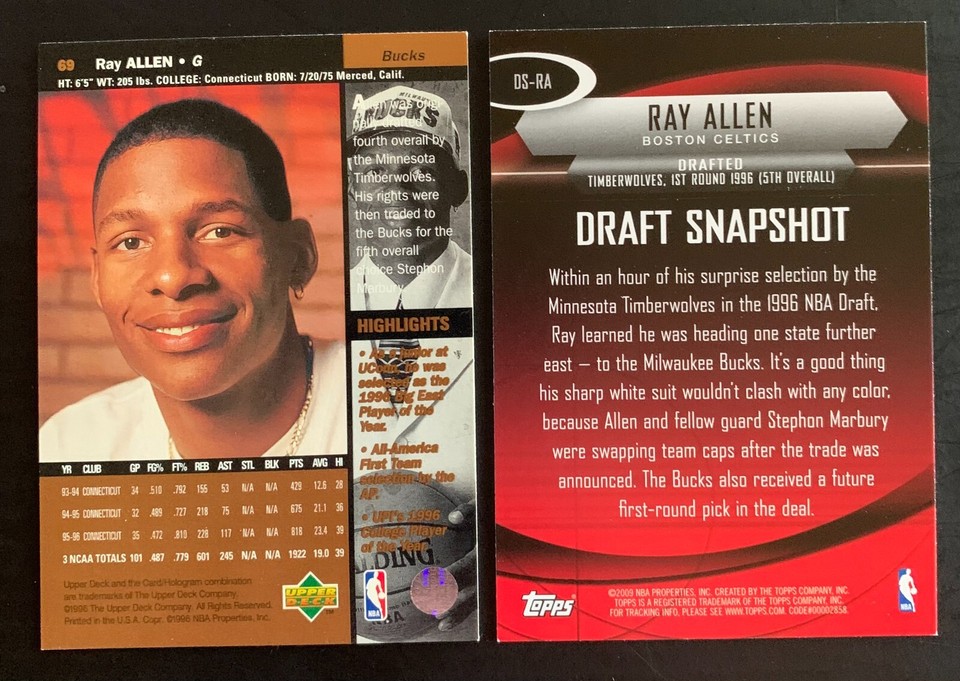 (2) Ray Allen Draft Cards - 1996-97 UD RC #69 and 2009 Topps Snapshot # ...