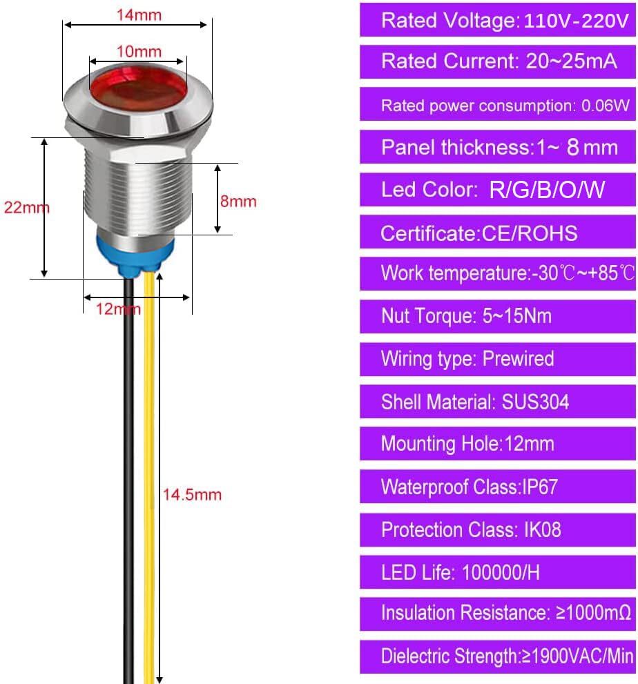 5Pcs 10mm 110V-220VAC LED Metal Indicator Light Waterproof Signal Lamp ...