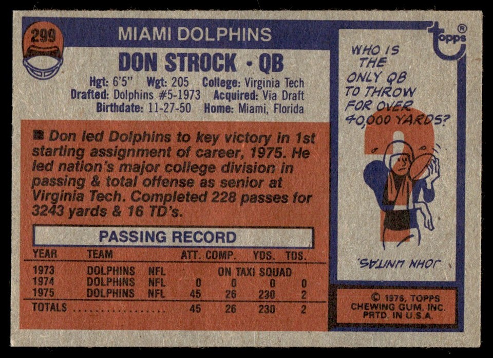 1976 Topps Football Card Don Strock RC Miami Dolphins #299 EX-MT+ | eBay