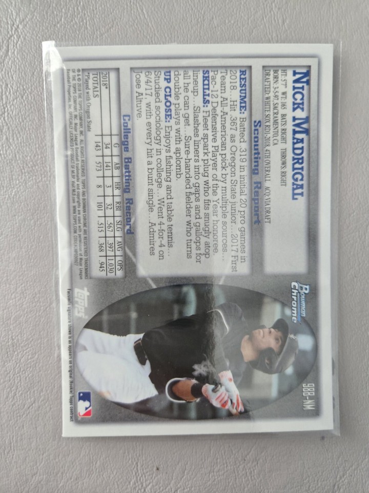 Nick Madrigal 2018 Bowman Chrome RC #988-NM Chicago White Sox Rookie ...