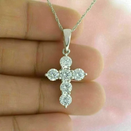 2CT Round Cut Lab Created Diamond Cross Pendant Necklace 14k White Gold ...