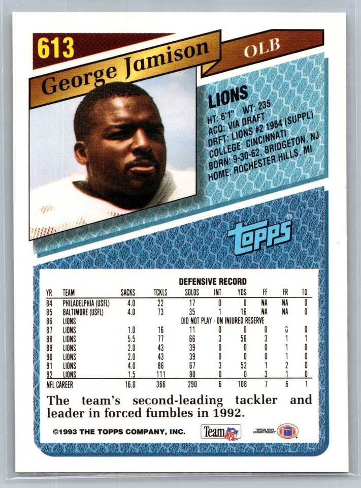 1993 TOPPS CARD # 613 George Jamison - Detroit Lions | eBay
