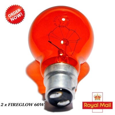 2 x 60W Red Fireglow GLS LIGHT BULBS, For flame Effect Electric Fires ...