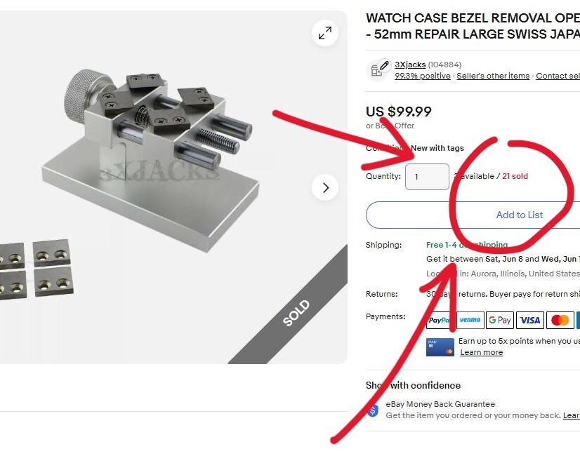 WATCH CASE BEZEL REMOVAL OPENER TOOL 19mm - 52mm REPAIR LARGE SWISS ...