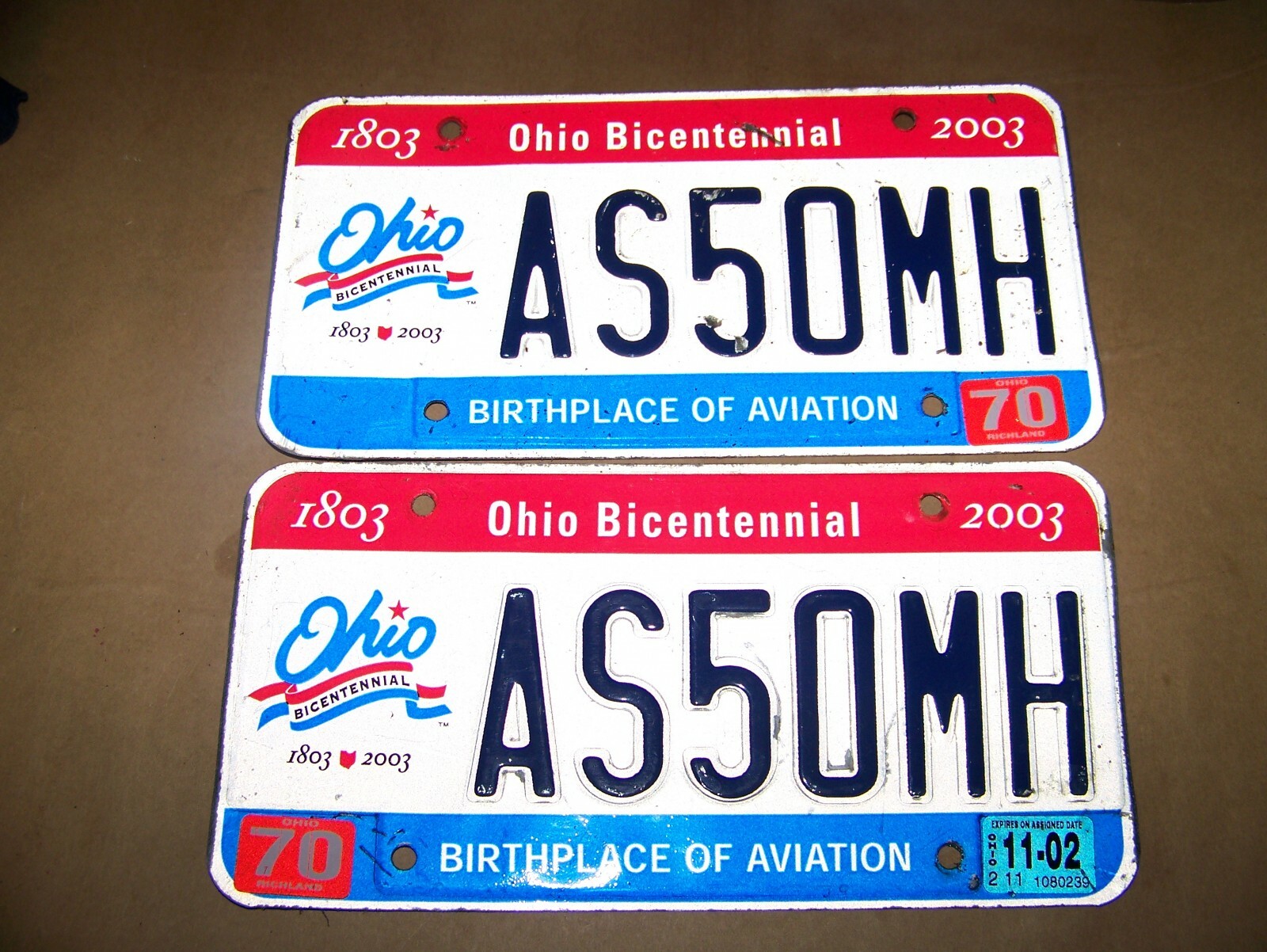 OHIO Metal License plate, Ohio Bicentennial 1803-2003, as50mh set pair ...