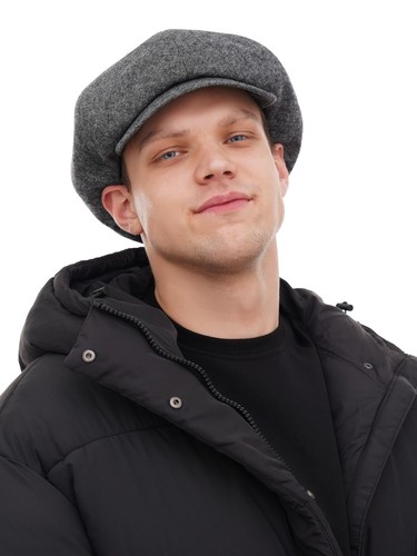 Men's Grey Wool Newsboy Cap 8 Panel Baker Boy Hat Tweed Vintage Style ...