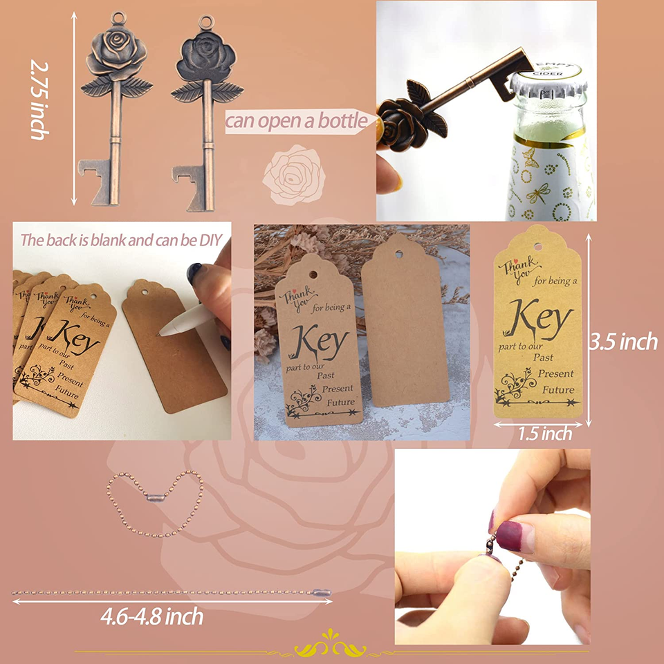 100 Sets Rose Flower Shaped Keys Wedding Favors for Guest Bulk Skeleton ...