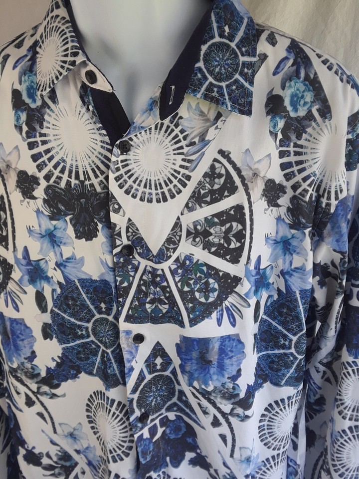 PAVINI Floral Long Sleeve Button Down Shirt L Blue Space Time best ever ...