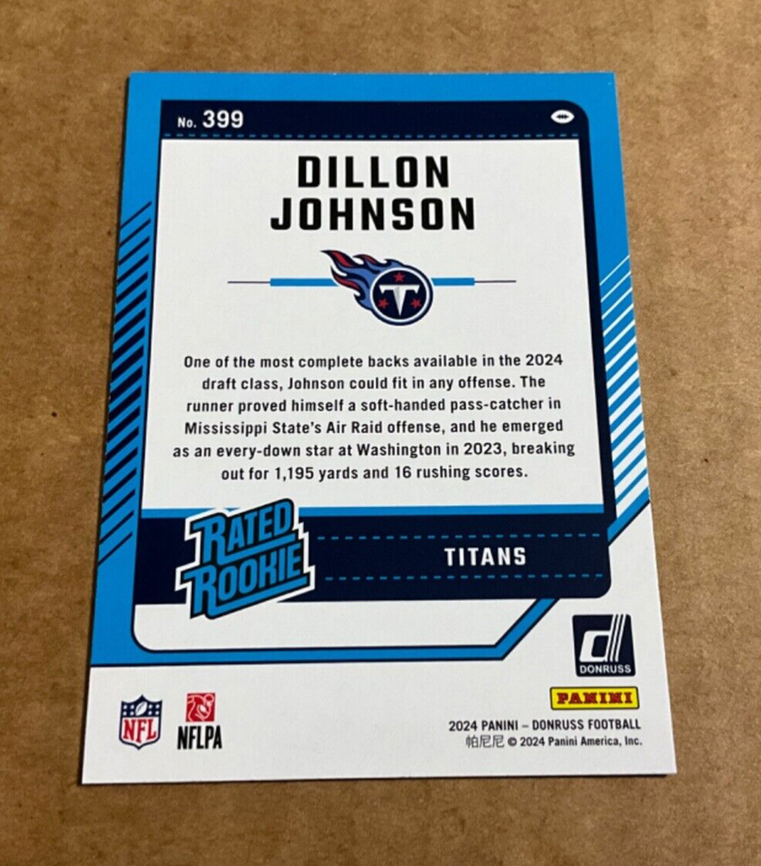 2024 Panini Donruss # 399 Dillon Johnson Rated Rookie Tennessee Titans ...
