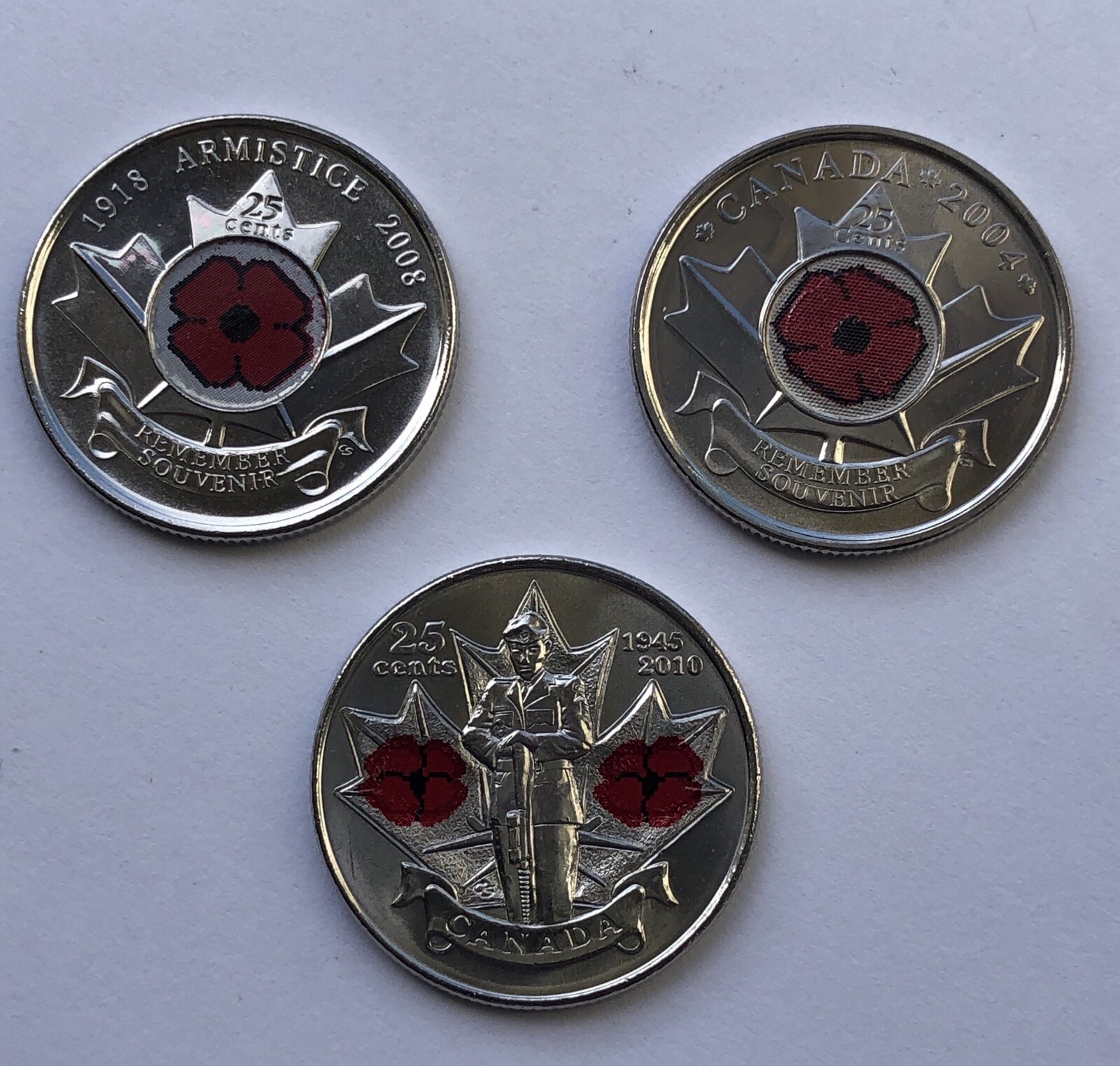 2004P, 2008, 2010 - 3 Coin color Poppy quarter set - Canada Remembrance ...