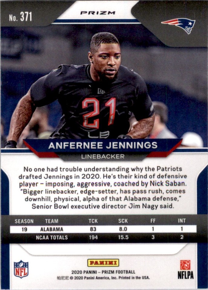 2020 Prizm Red Cracked Ice ANFERNEE JENNINGS RC New England Patriots ...