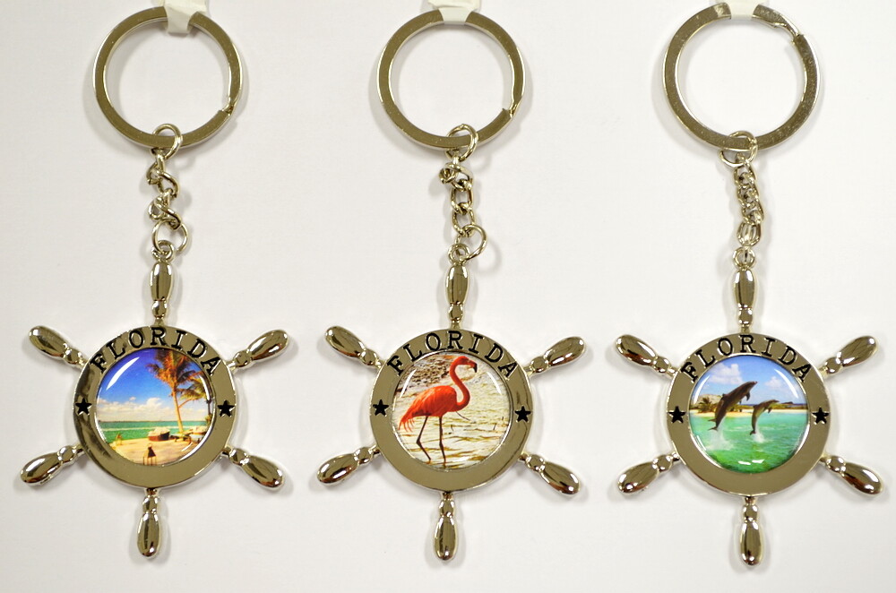 LOT OF 12 PCS WHEEL SHAPE FLORIDA KEY CHAIN NEW METAL RUDDER KEYRING ...