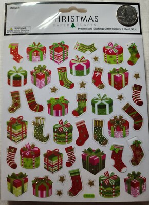 Presents And Stockings Glitter Stickers -2 Sheets 90 PC- Christmas ...