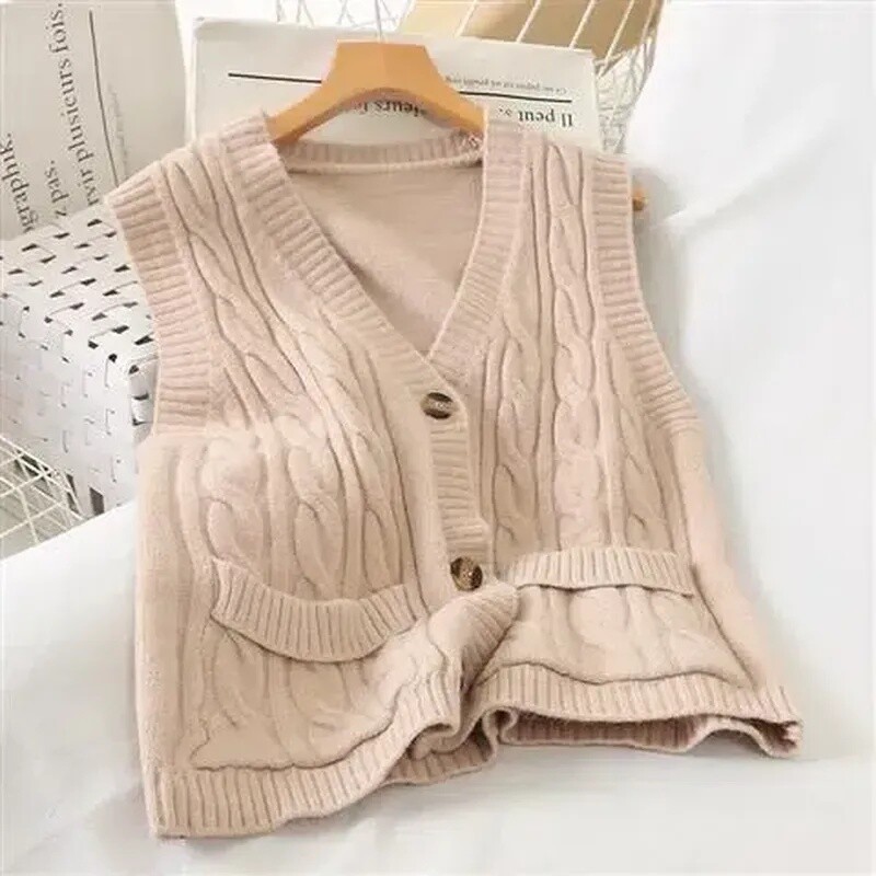 Women V-neck Jacquard Knitted Cardigan Pocket Gilet Tank Retro Student ...