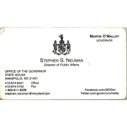 Governor State House Stephen Neuman Annapolis MD Vintage Business Card ...