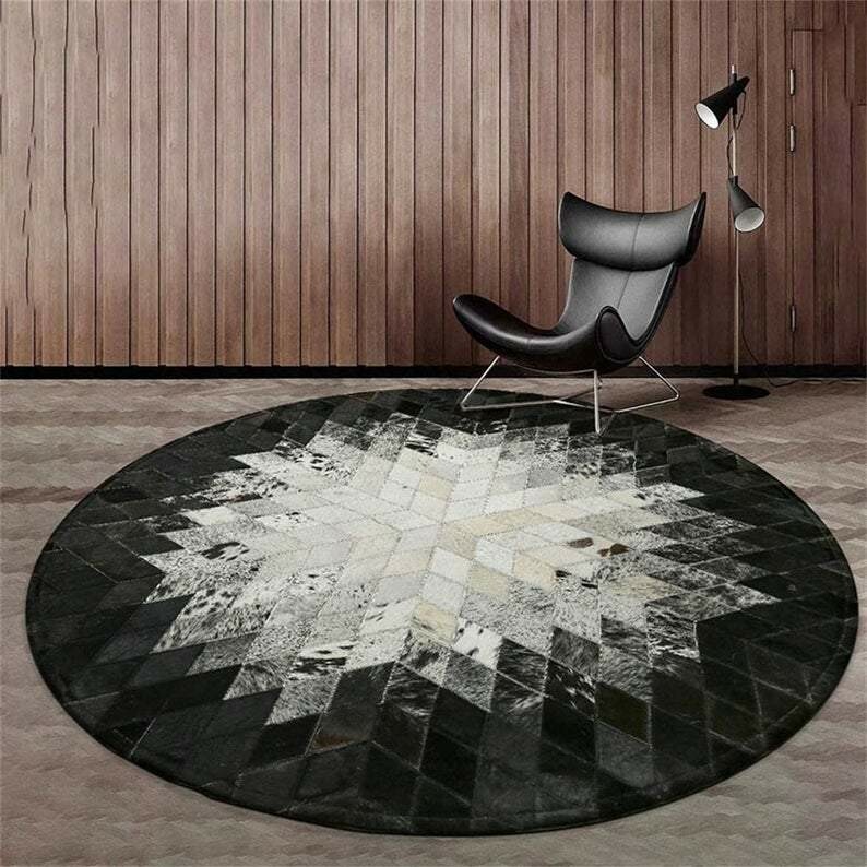 New Handmade HairOn Fur Leather Cowhide Round Rug Cow Skin Carpet ...